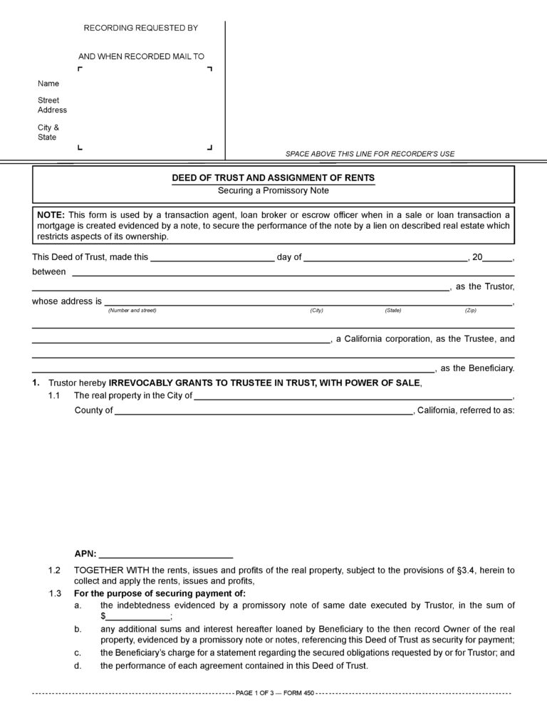 Deed of Trust and Assignment of Rents — Securing a Promissory Note ...