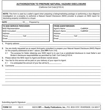 Authorization to Prepare Natural Hazard Disclosure — RPI Form 131 ...